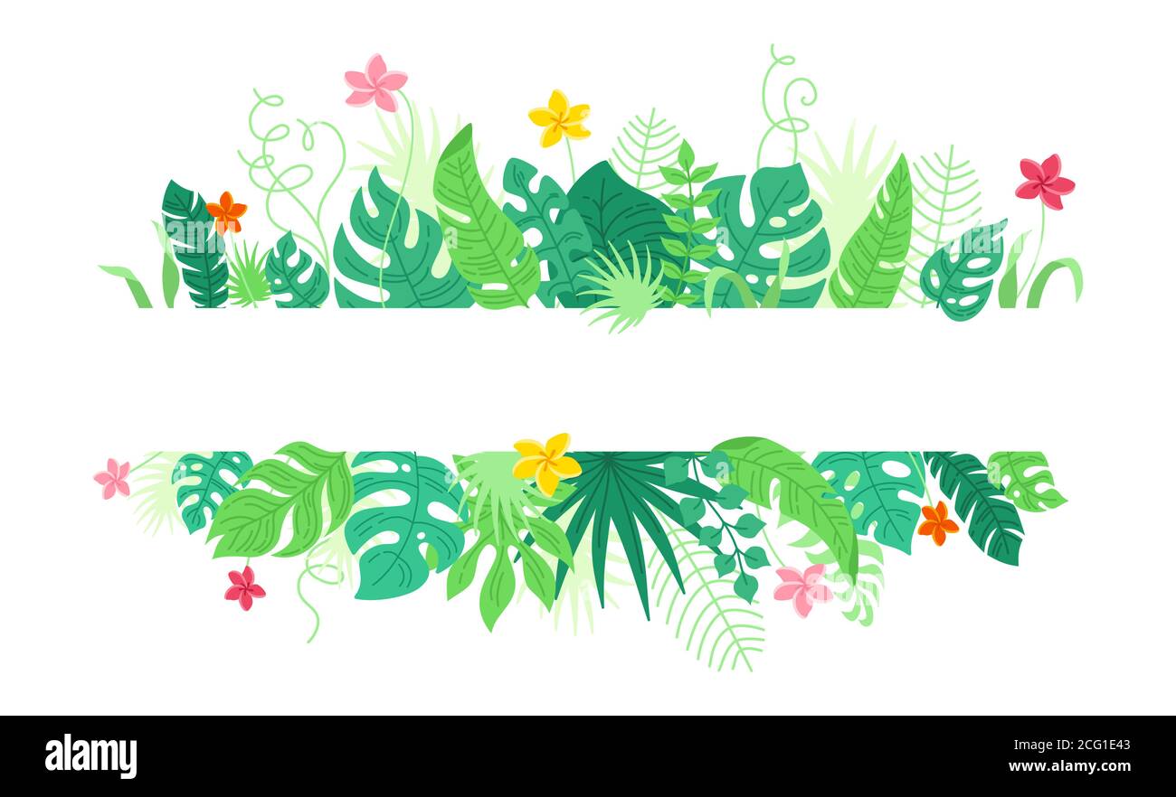 Background from tropical leaves and flowers, cartoon style. Trendy ...