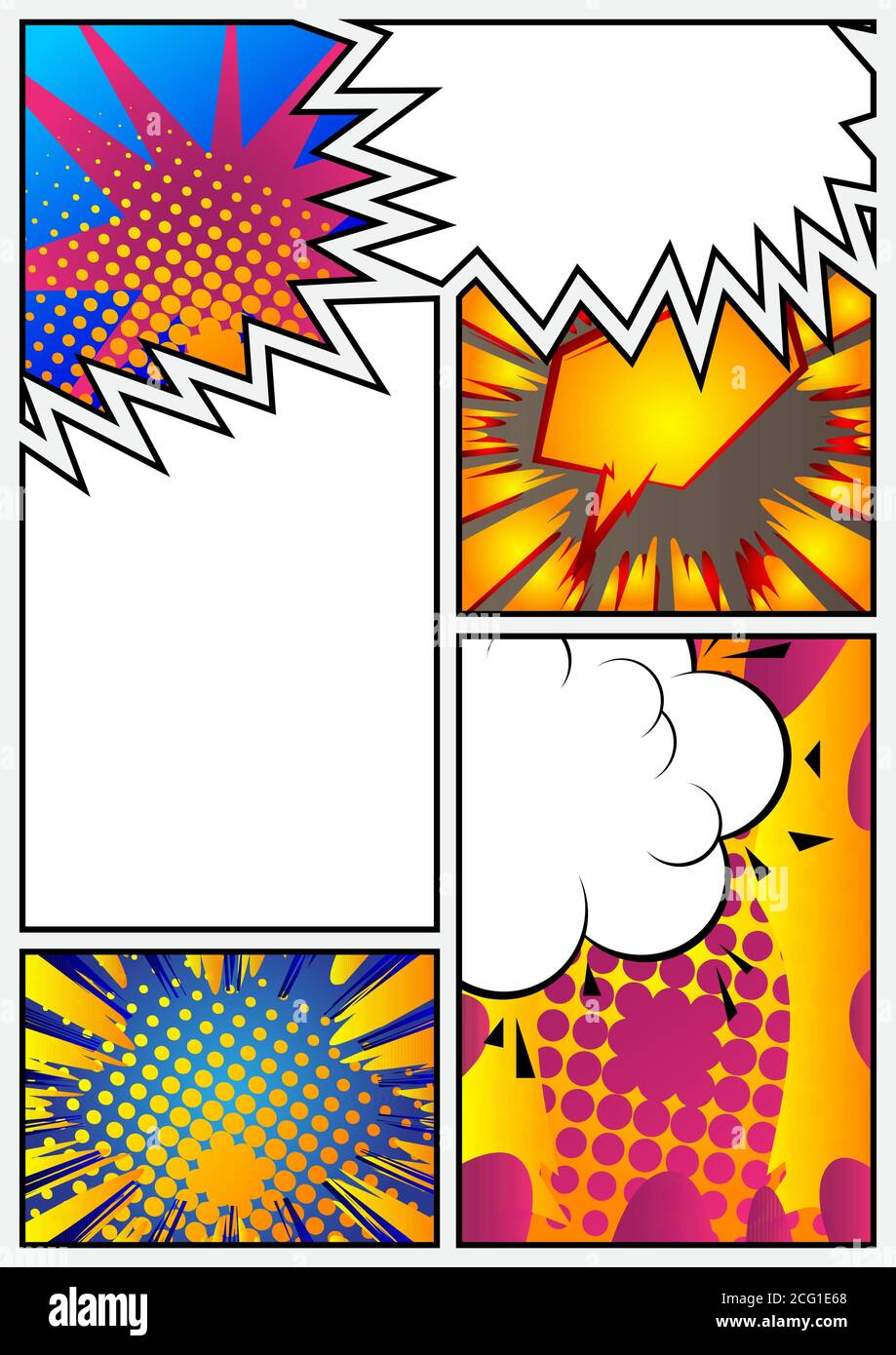 Comic book page with colorful elements and blank space. Cartoon design ...