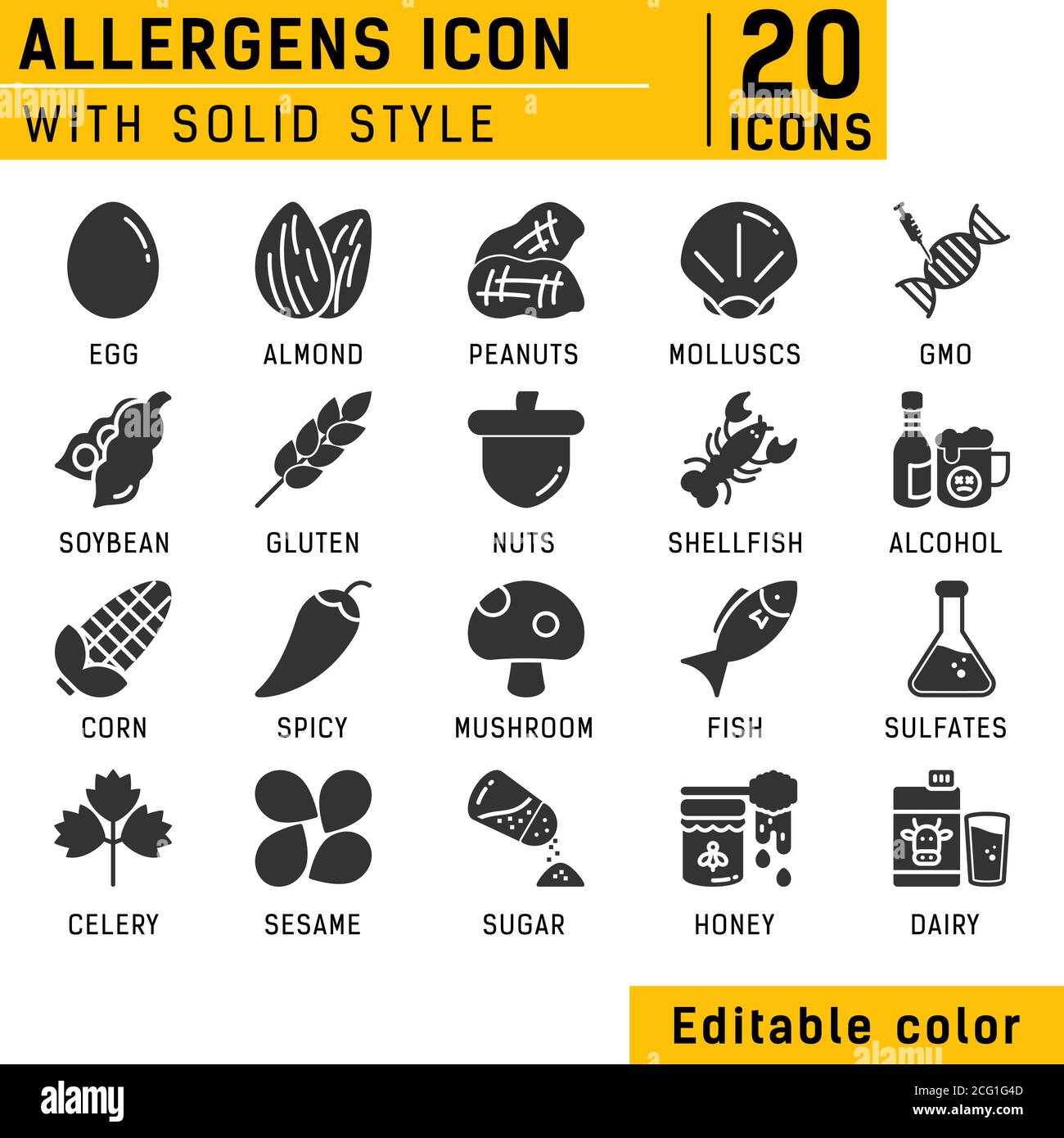 Allergens solid icons vector set. Isolated on white background ...