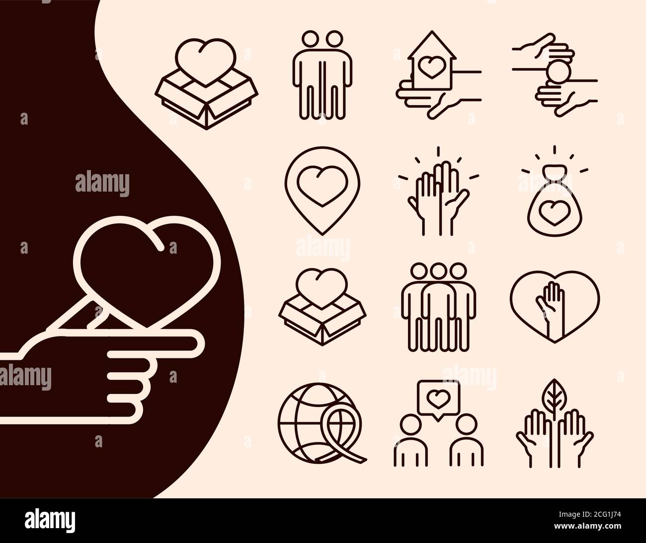 community together charity donation and love, line icons set vector ...