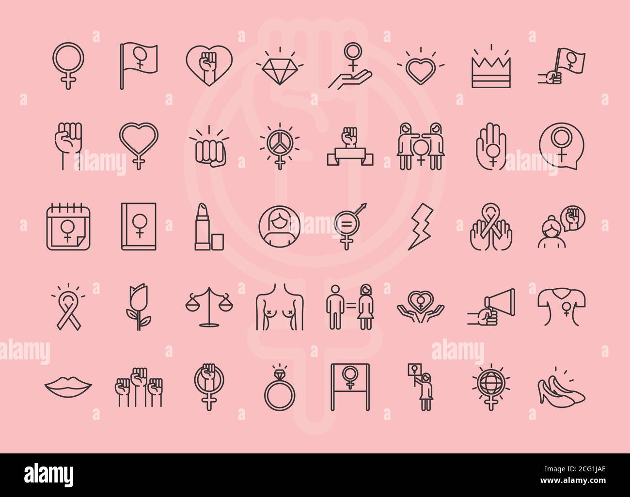feminism movement icon, pink background female rights pictogram line ...