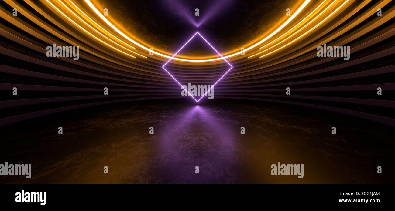 Dark hall with bright colored neon lights. Empty black space for text ...