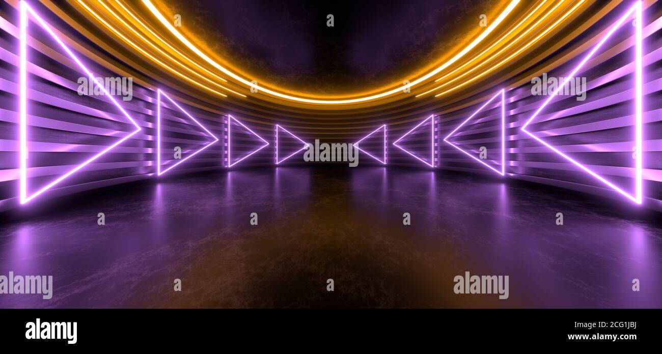 Dark hall with bright colored neon lights. Empty black space for text ...