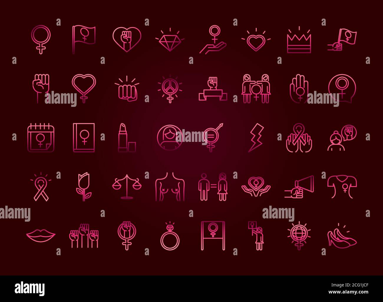 feminism movement icon, pink background female rights pictogram line ...