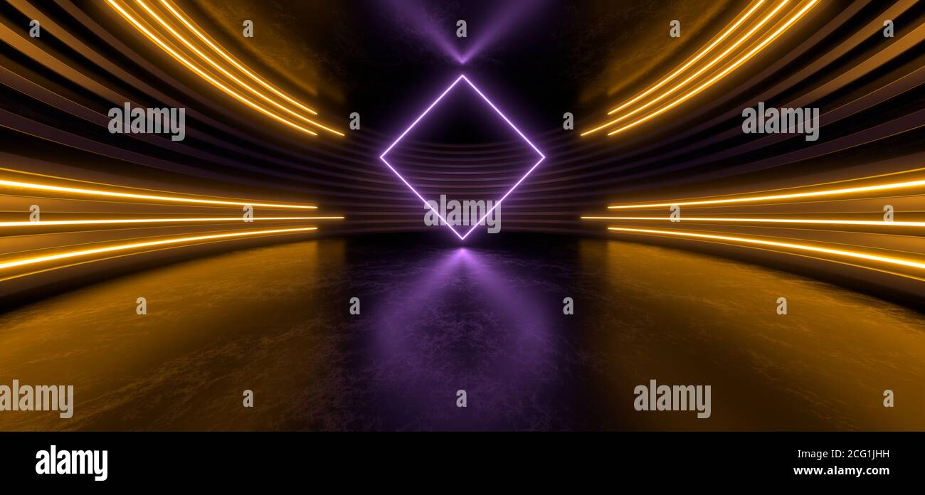 Dark hall with bright colored neon lights. Empty black space for text ...