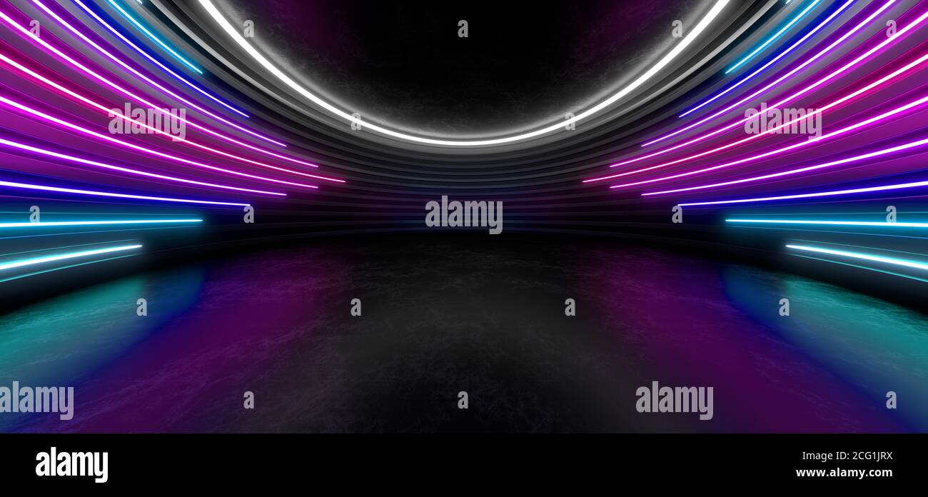 Dark hall with bright colored neon lights. Empty black space for text ...