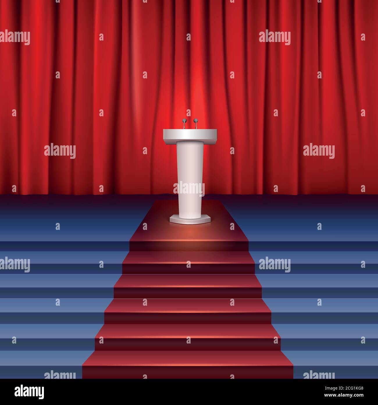 Scene with curtain, tribune and stairs covered red carpet. Place for ...