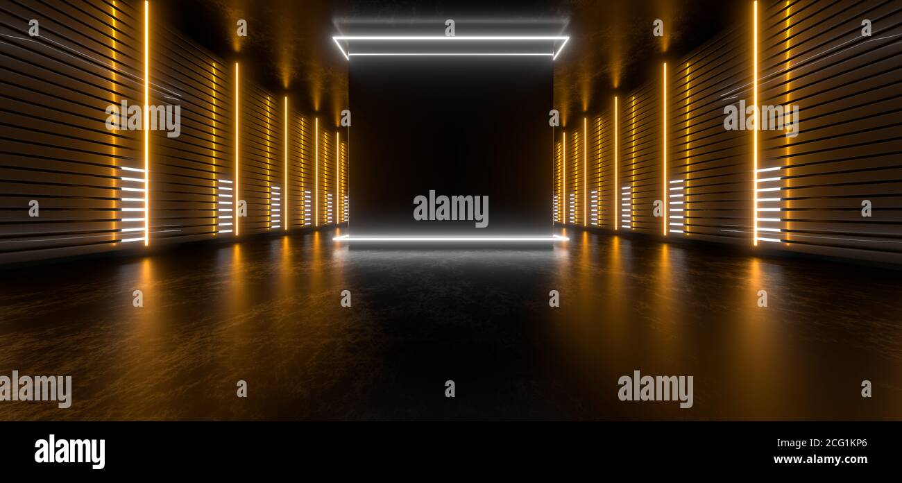 Dark hall with bright colored neon lights. Empty black space for text ...