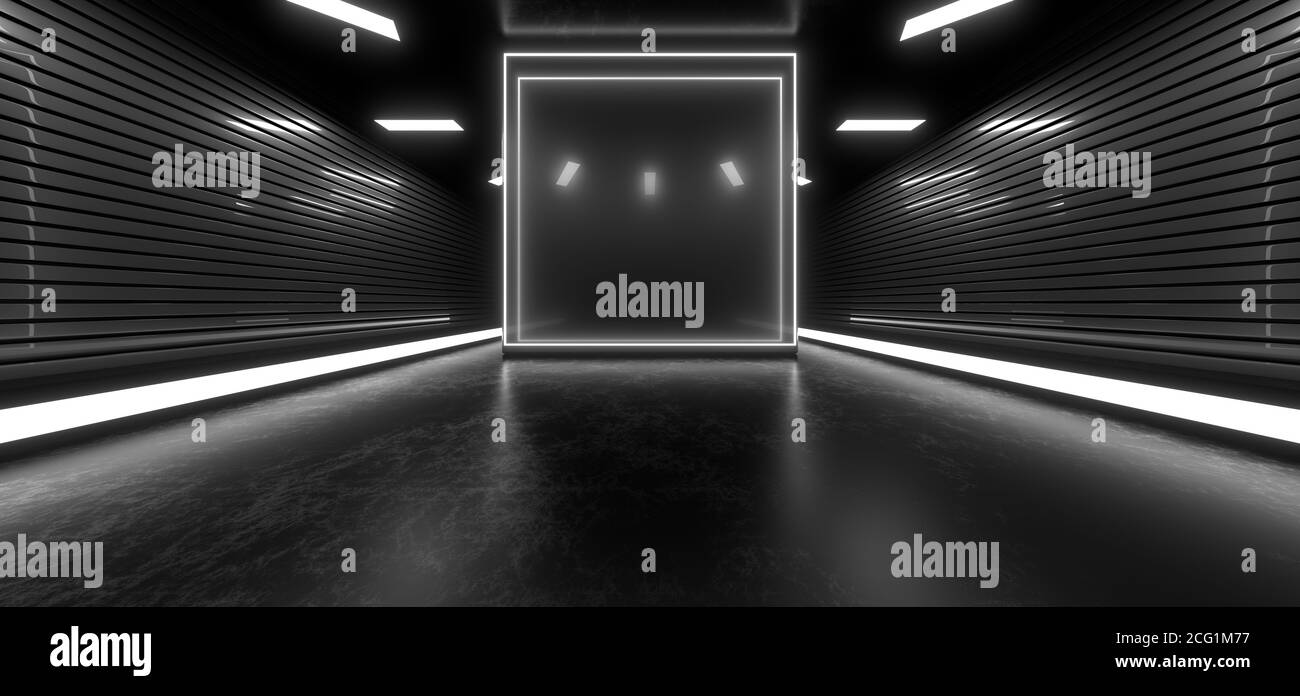Dark hall with bright white neon lights. Empty black space for text ...