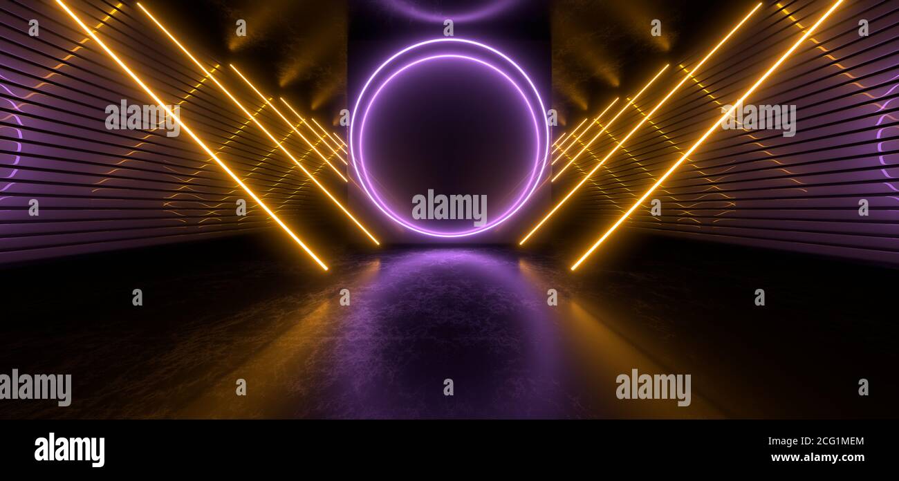 Dark hall with bright colored neon lights. Empty black space for text ...