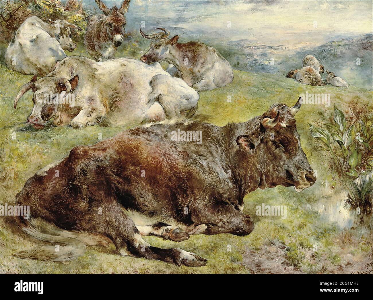 Huggins William - Cattle Donkey and Sheep in a Pastoral Landscape - British School - 19th ...