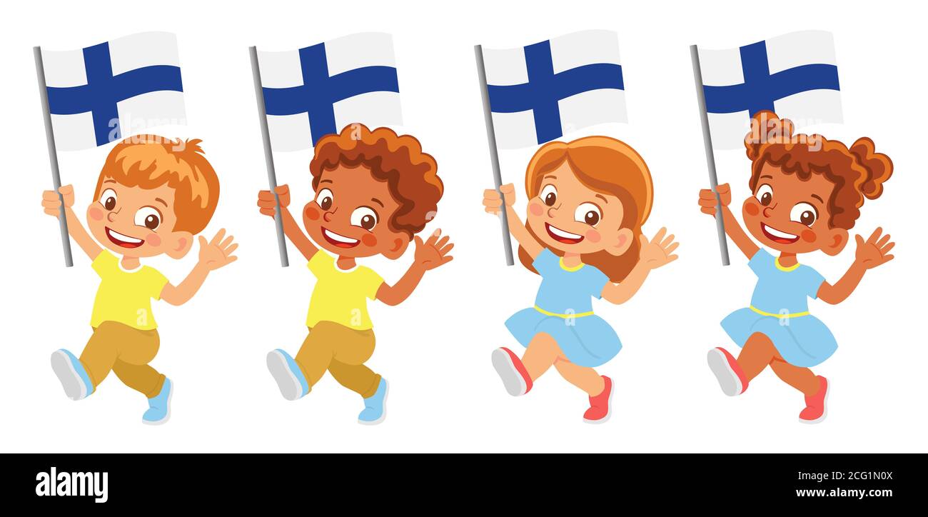 Finland flag in hand. Children holding flag. National flag of Finland ...
