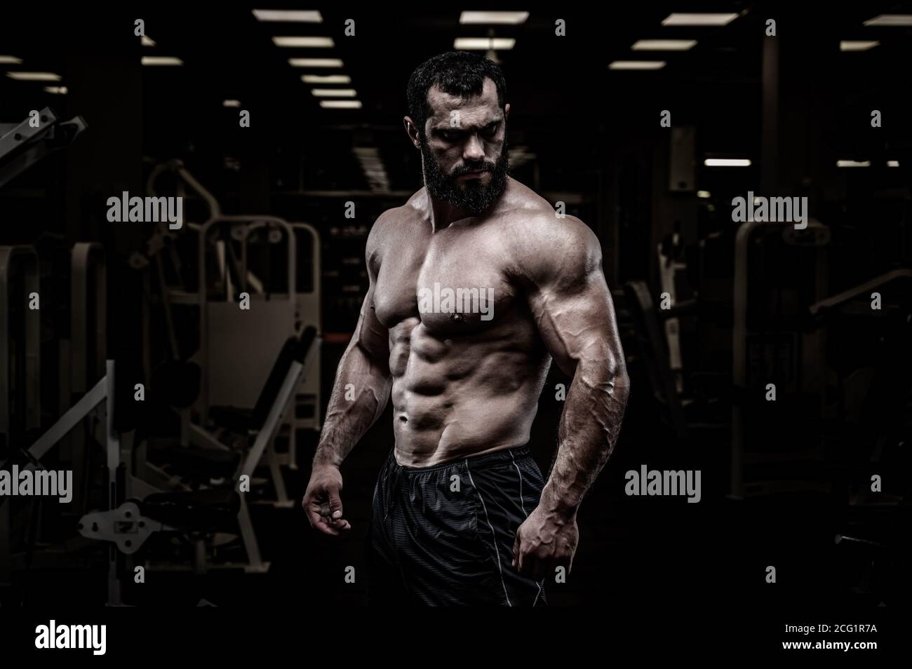 handsome healthy young strong bearded caucasian man with perfect sport ...