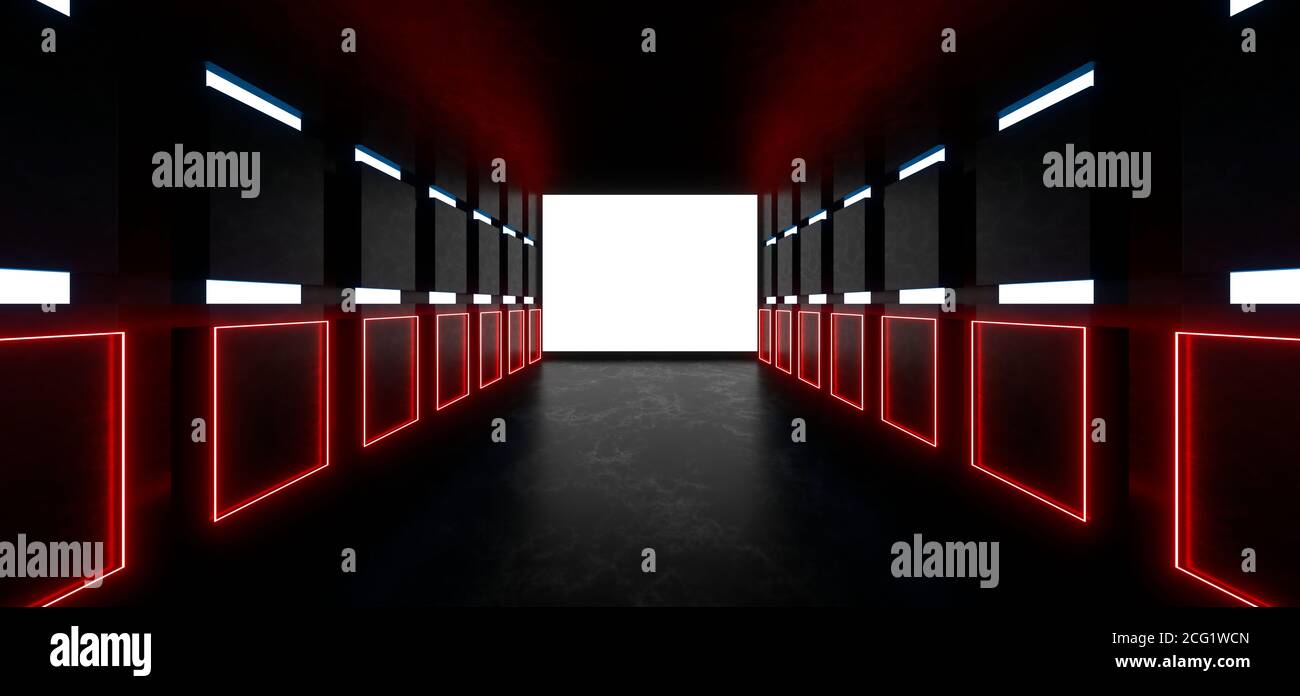 A dark corridor lit by colorful neon lights. Reflections on the floor ...