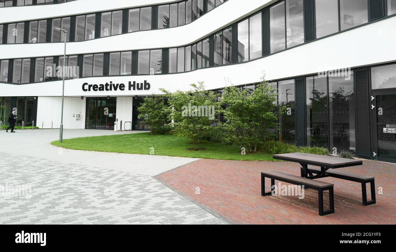 Picnic table outside the Creative Hub building at the Riverside campus ...