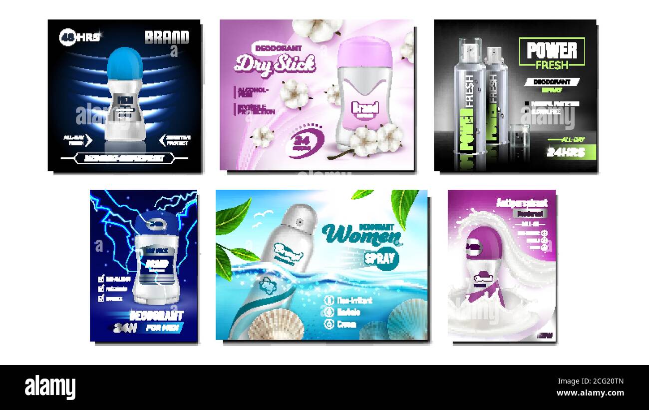 Deodorant Antiperspirant Promo Posters Set Vector Stock Vector Image ...