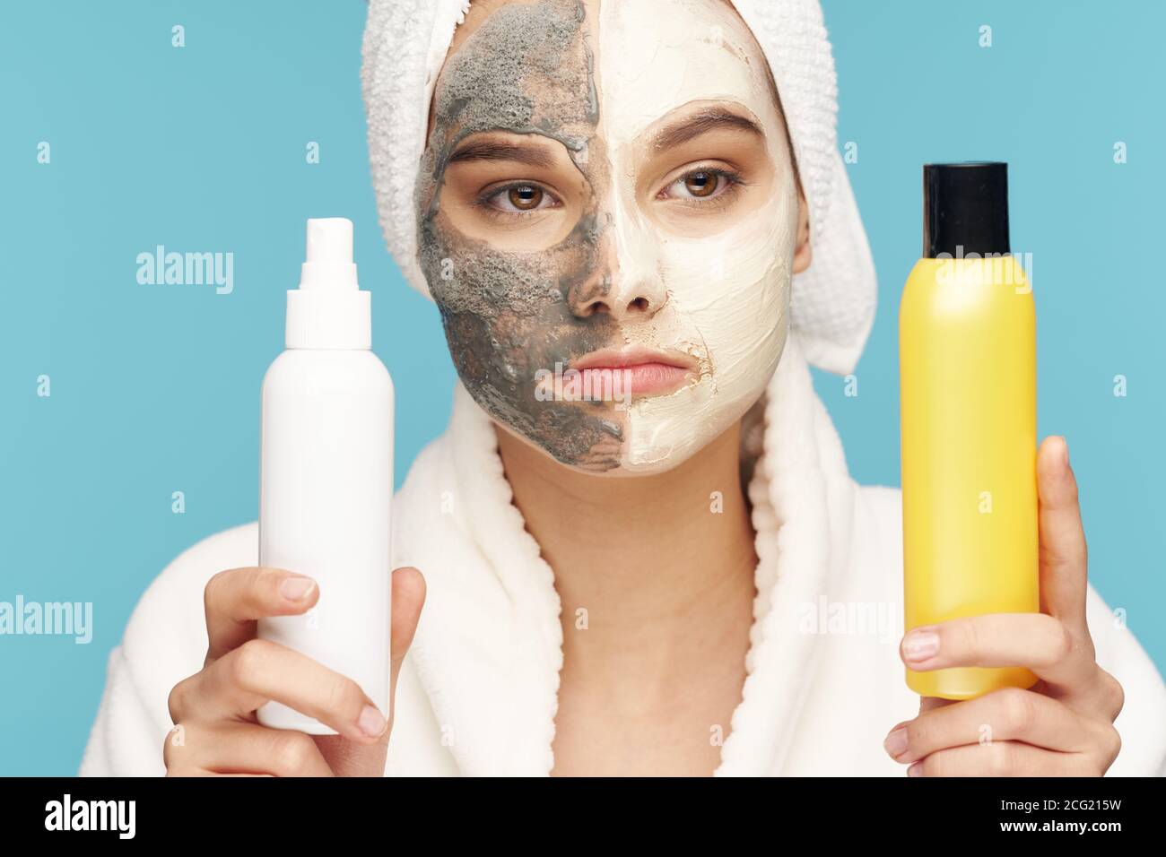 Woman with cosmetics in hands face mask clean skin dermatology Stock ...