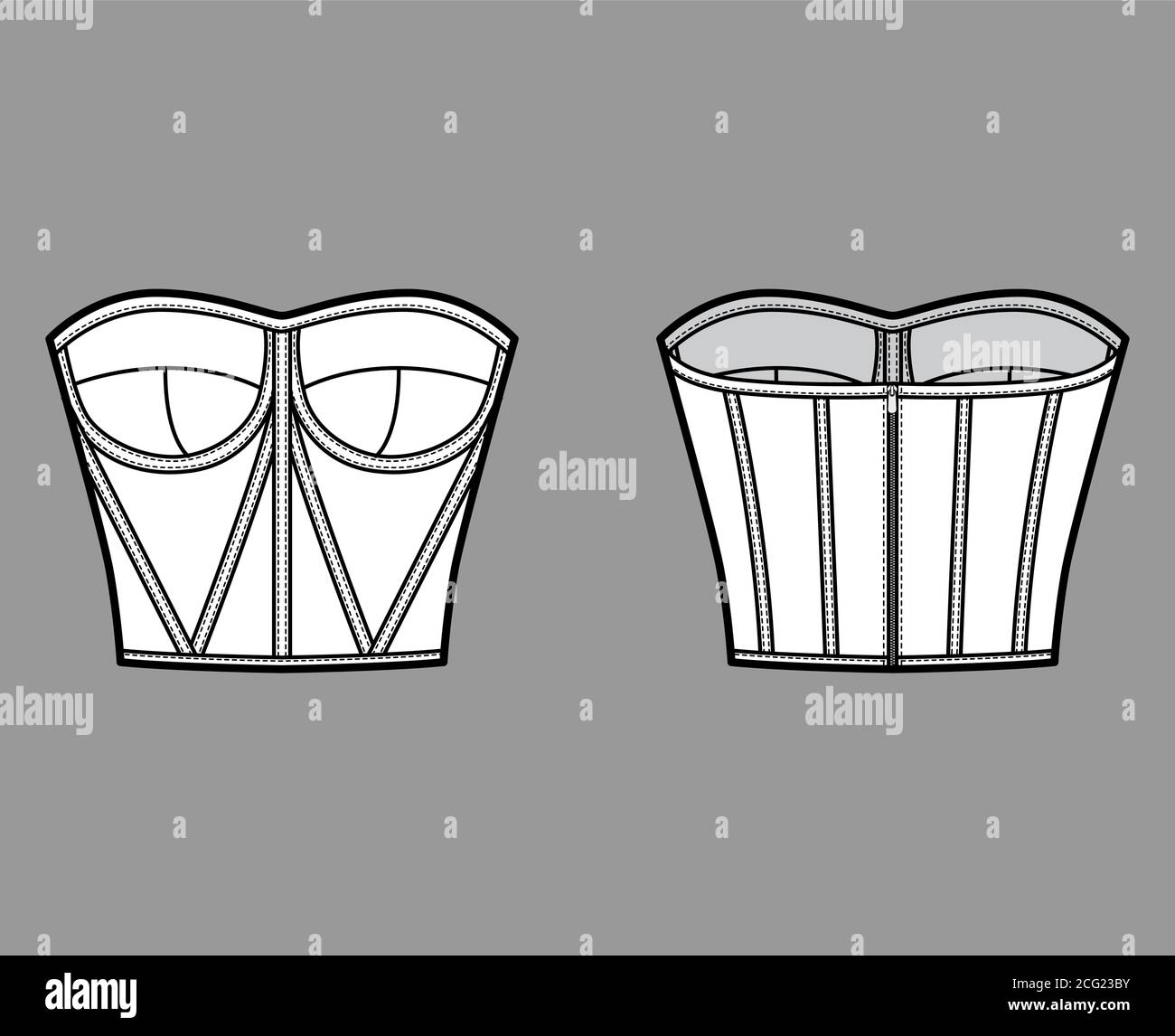 Corset-style bustier top technical fashion illustration with molded ...