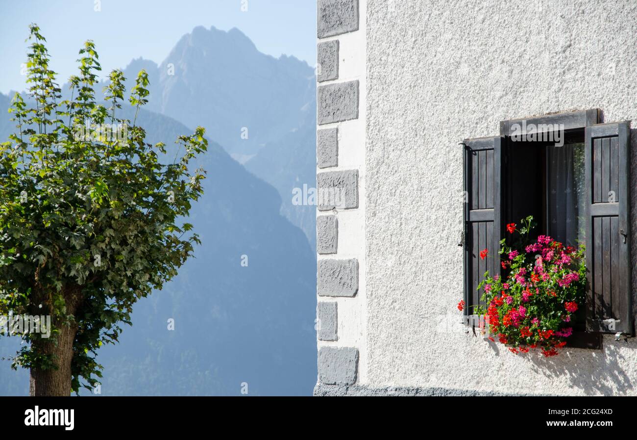 Characteristic window with flower pots in a village in the Italian ...