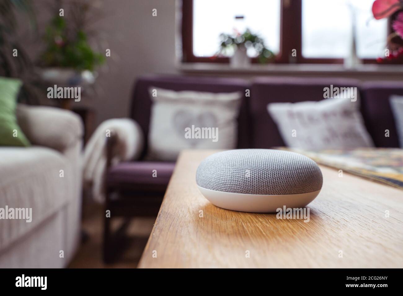 Smart speaker in home interior Stock Photo - Alamy