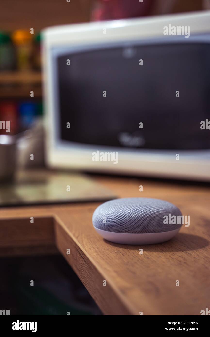 Smart speaker in home interior Stock Photo - Alamy