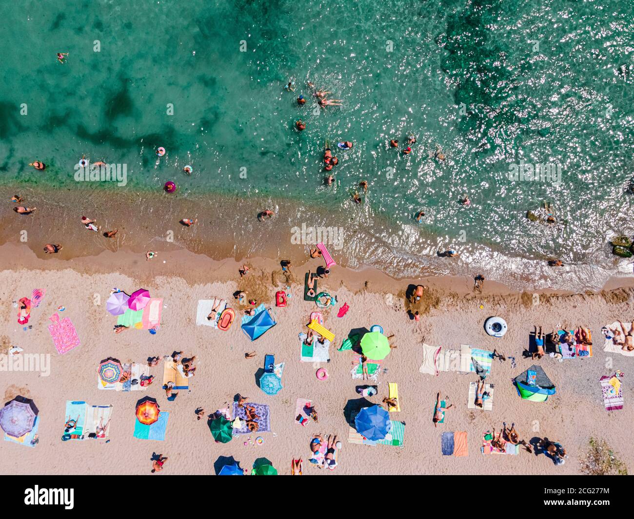 Aerial Beach Photography, People And Colorful Umbrellas On Seaside ...