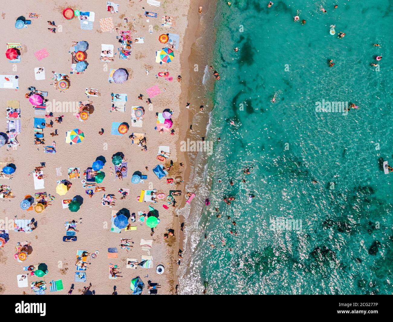 Aerial Beach Photography, People And Colorful Umbrellas On Seaside ...