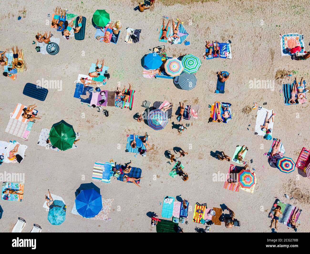 Aerial Beach Drone Photography, People And Umbrellas On Sea Beach Stock ...