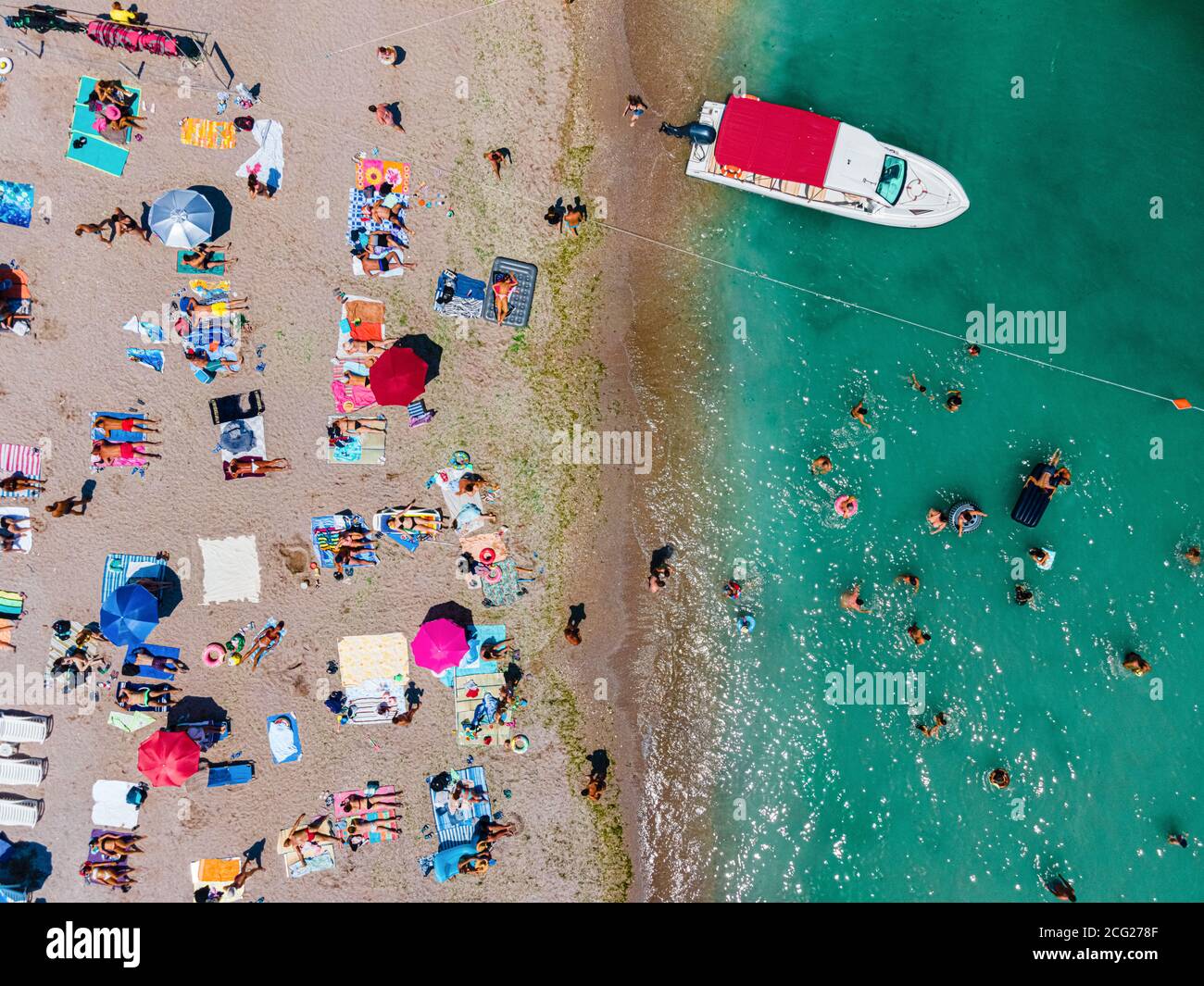 Aerial Beach Drone Photography, People And Umbrellas On Sea Beach Stock ...