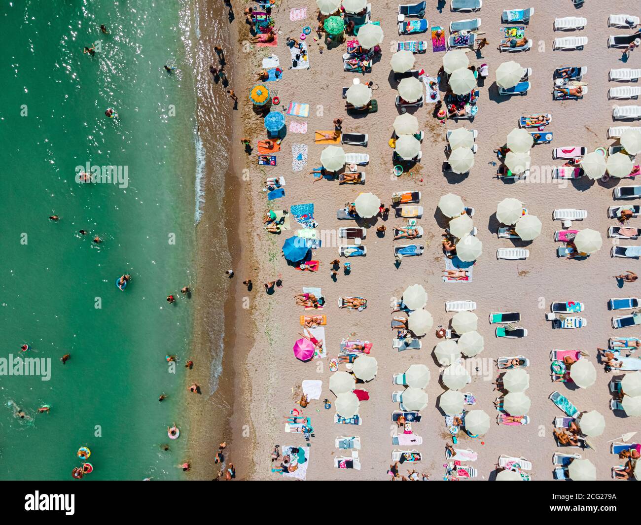 Aerial Beach Drone Photography, People And Umbrellas On Sea Beach Stock ...