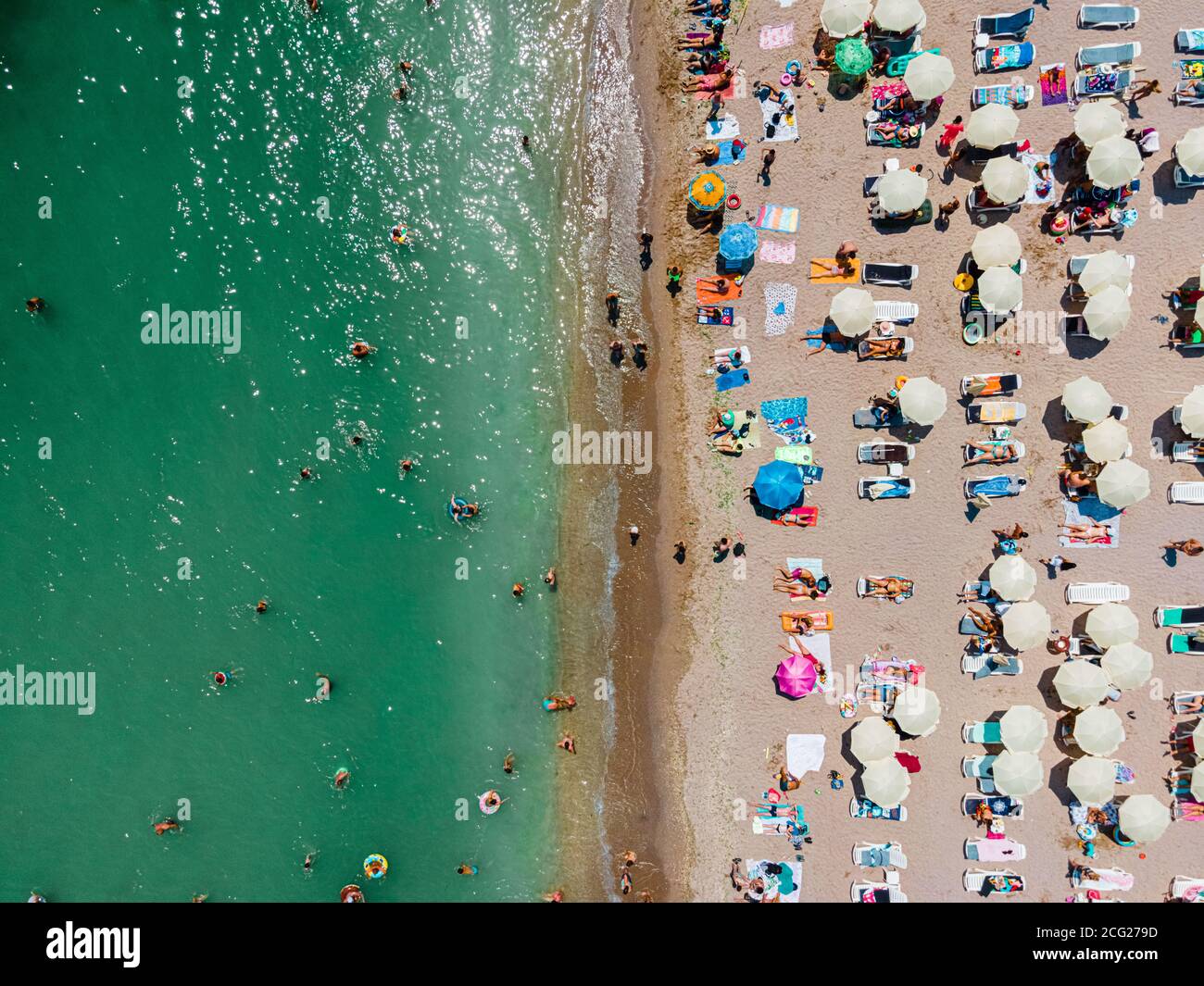 Aerial Beach Drone Photography, People And Umbrellas On Sea Beach Stock ...