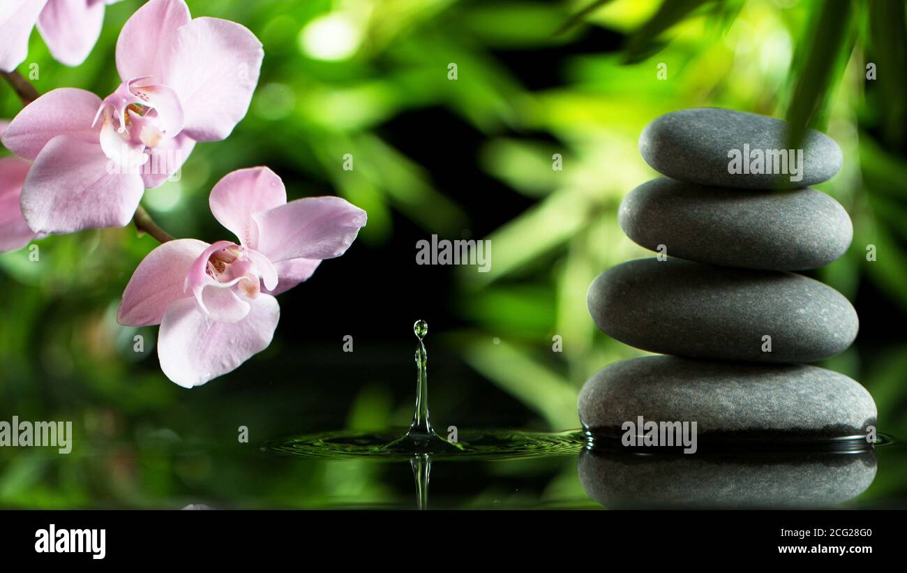 Dripping drops of water with black lava stones, spa and wellness ...