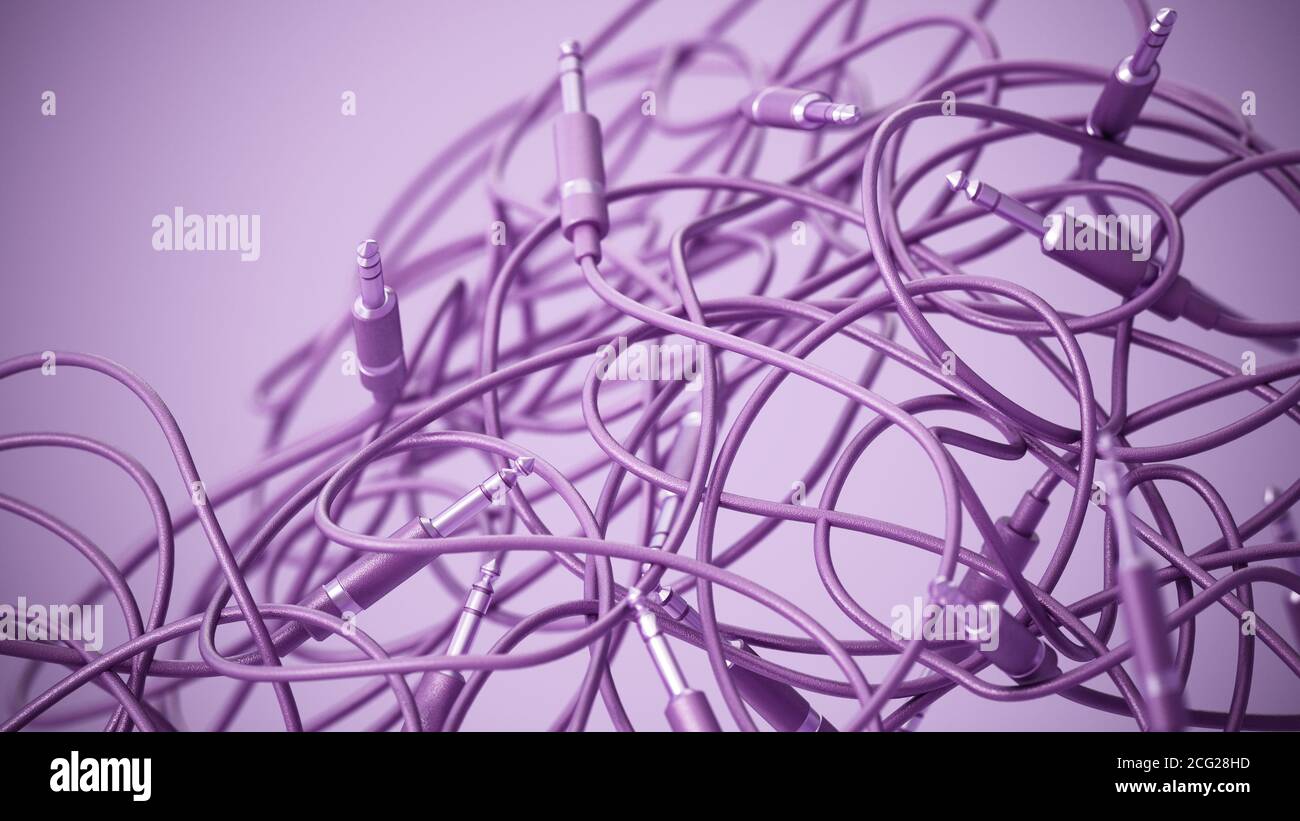 Abstract background with tangled audio cables with jacks. 3D ...