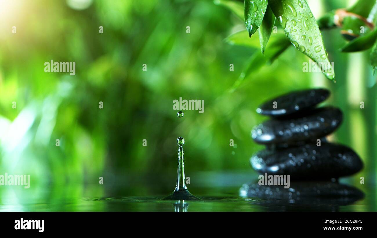 Dripping drops of water with black lava stones, spa and wellness ...