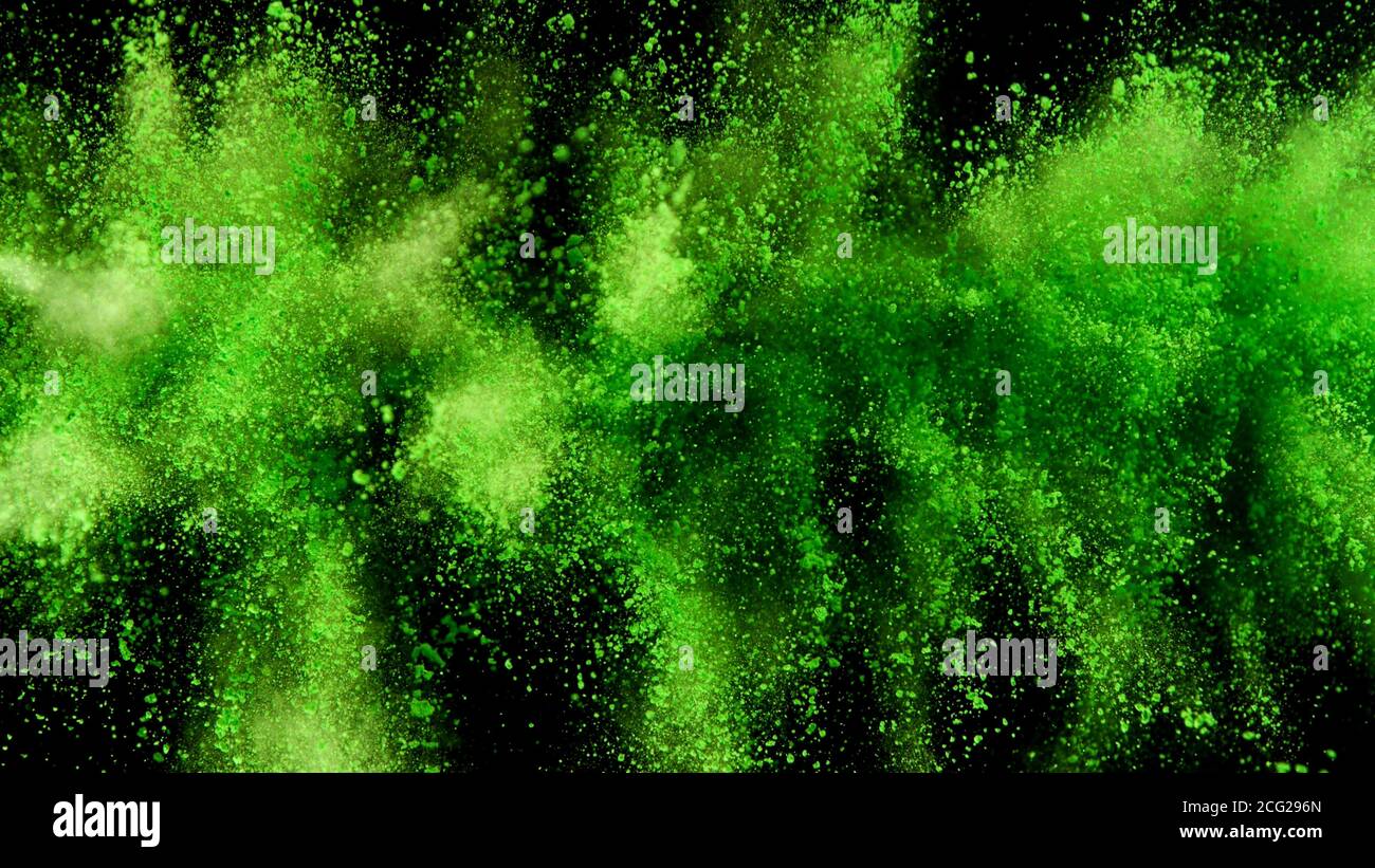 Explosion of green powder isolated on black background. Abstract ...
