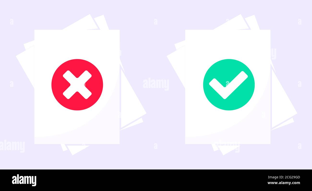 Correct and reject document verification concept with paper sheets and ...