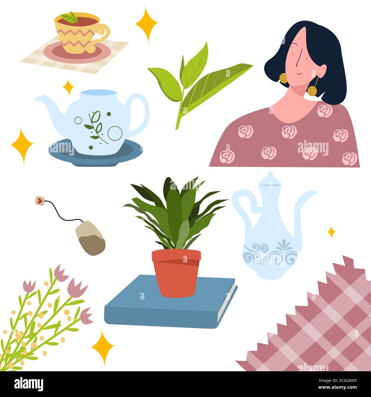 Tea culture icon leaf shoots teapot drink women with flat cartoon style ...