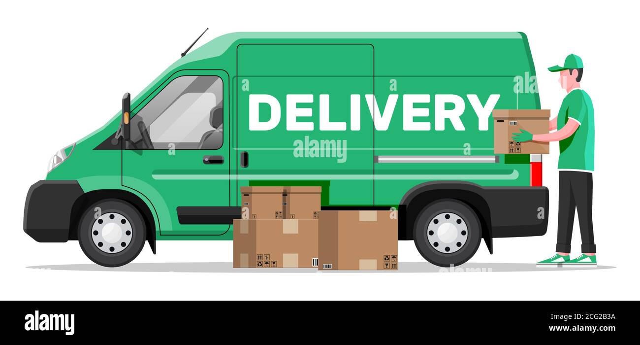 Loader unloads the goods from van. Fast and free delivery service in ...