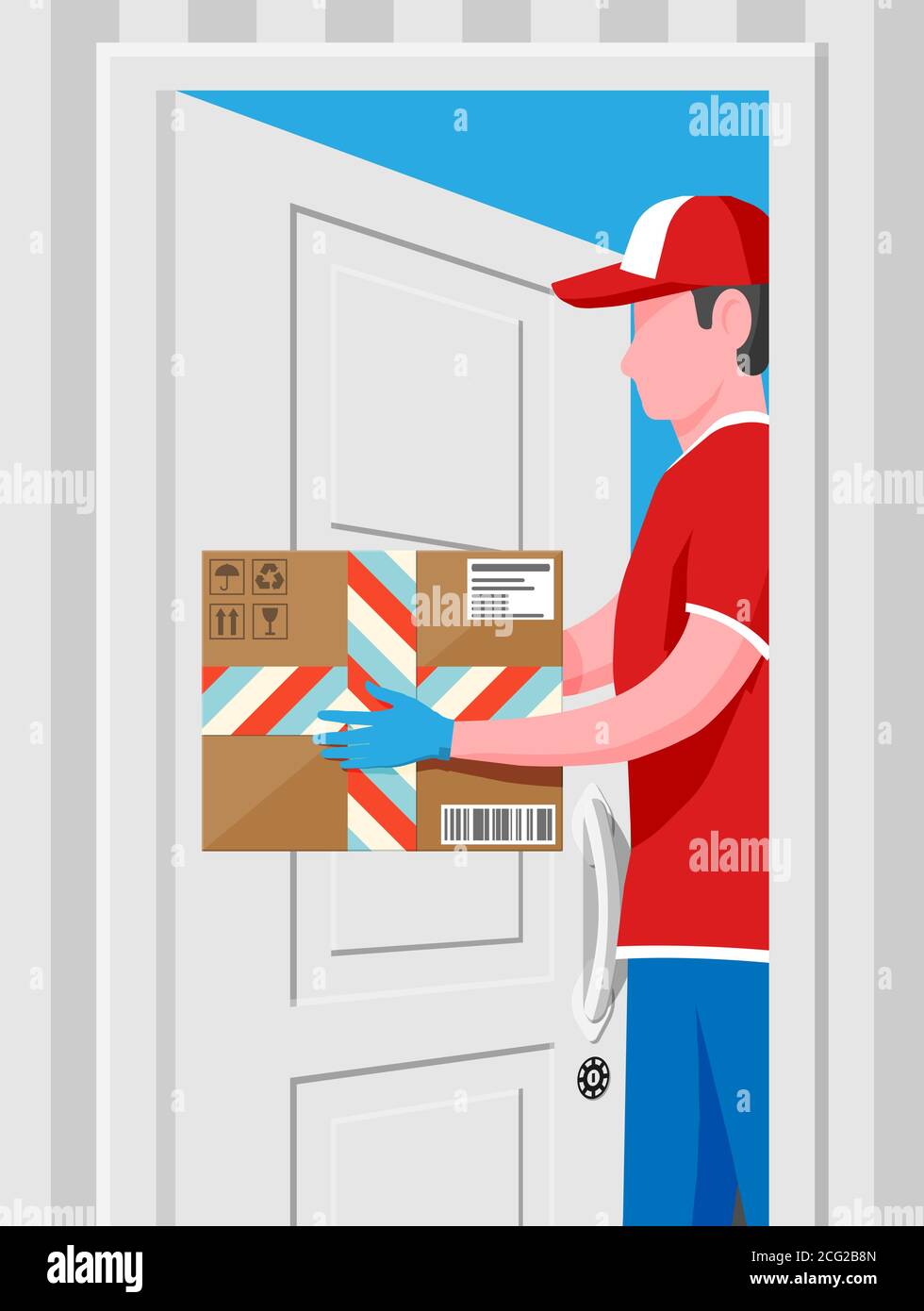 Man left cardboard boxes with goods near house door. Courier character ...