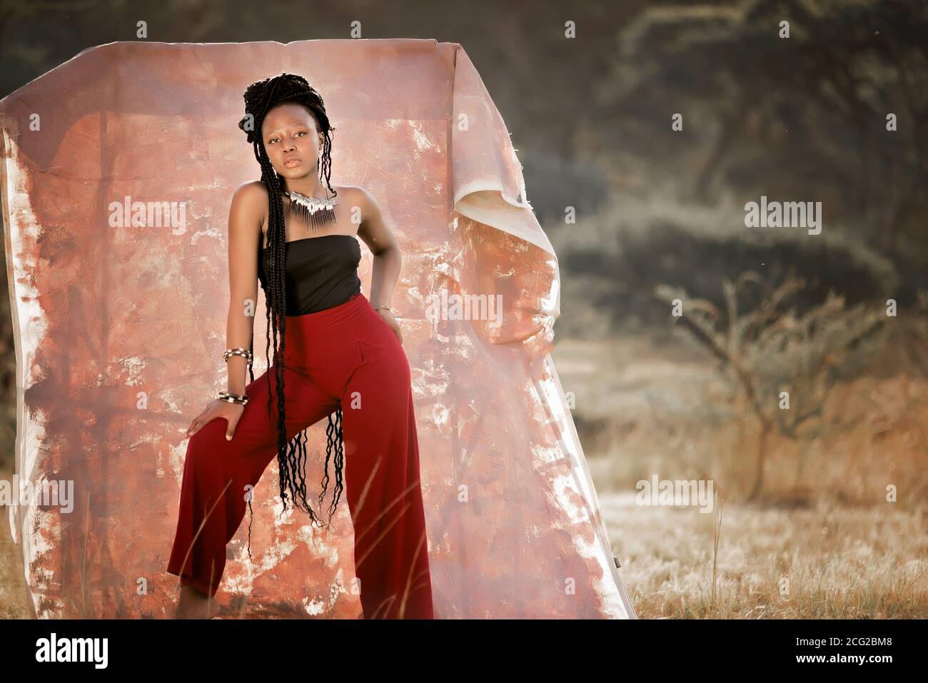 successful black woman model in african safari with african jewellery ...