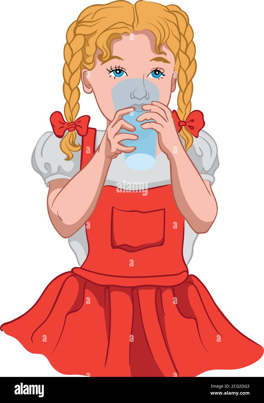 Little blonde girl with blue eyes in red dress and white blouse ...