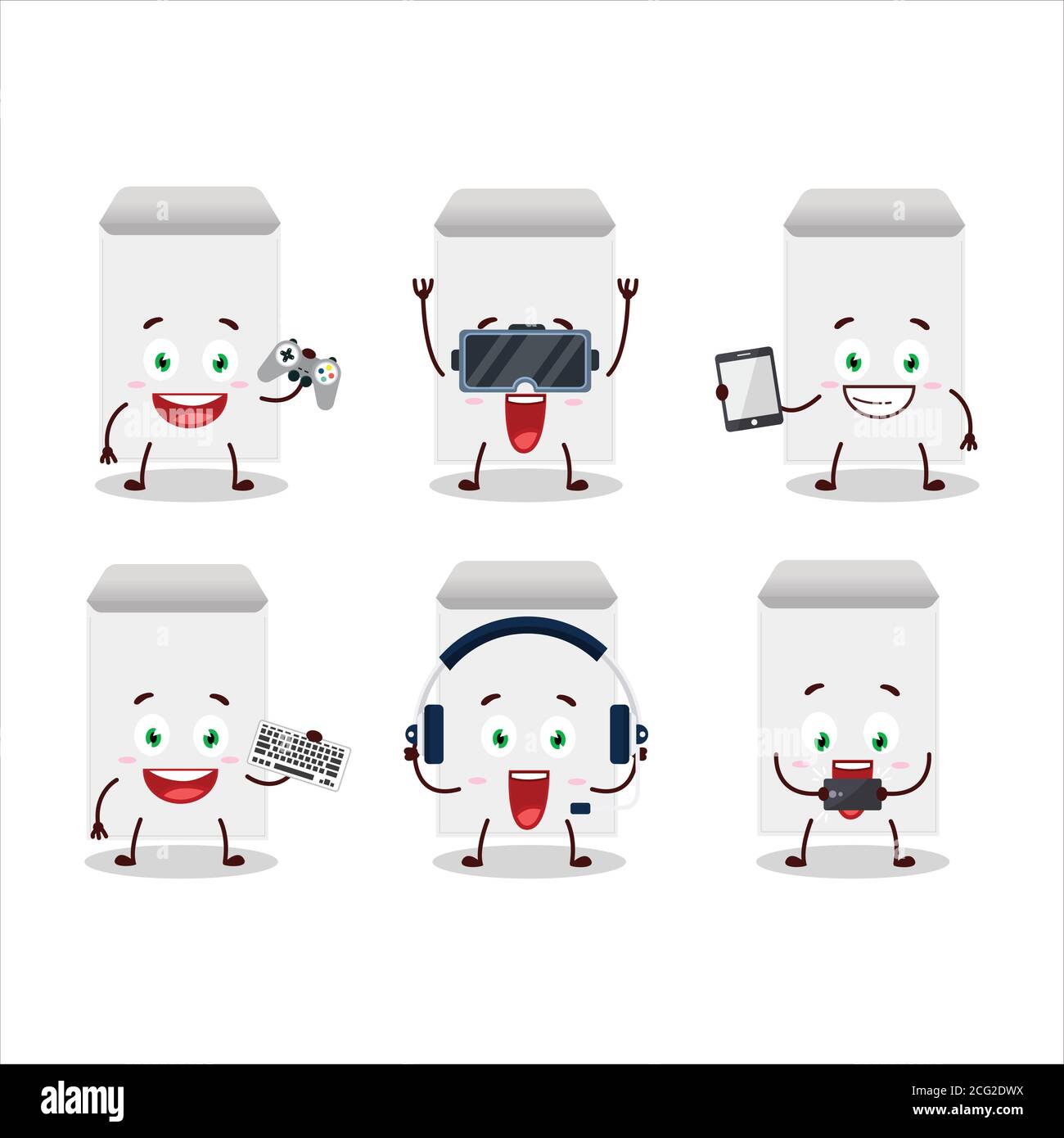 White envelope cartoon character are playing games with various cute ...