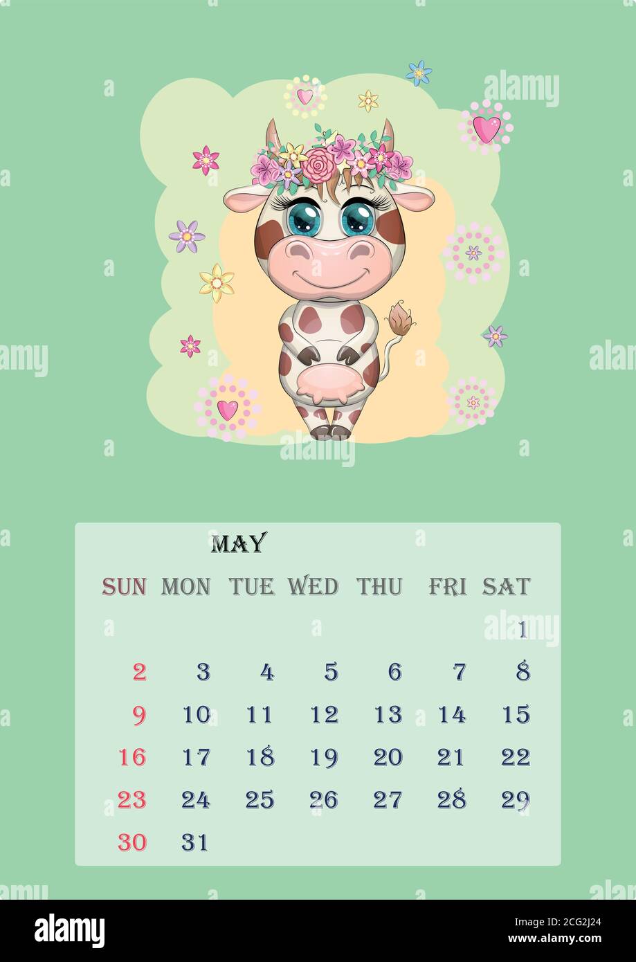 Calendar 2021. Cute bull and cow for every month Stock Vector Image ...