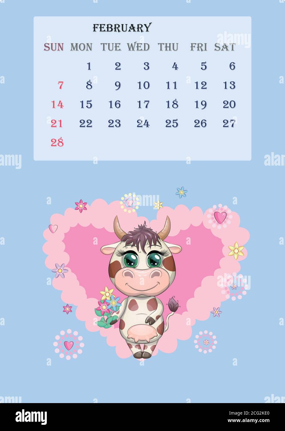 Calendar 2021. Cute bull and cow for every month Stock Vector Image ...