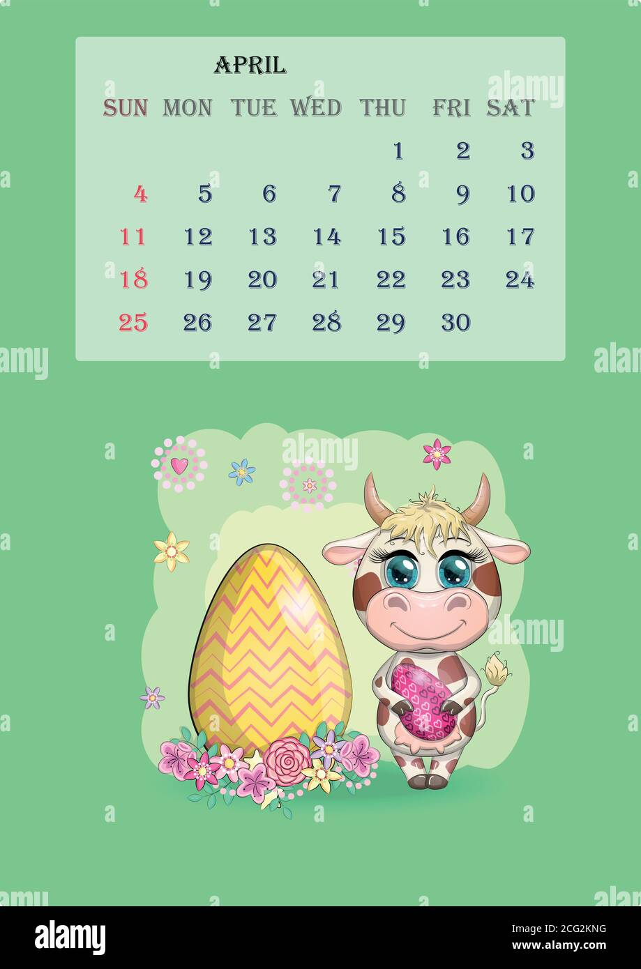 Calendar 2021. Cute bull and cow for every month Stock Vector Image ...