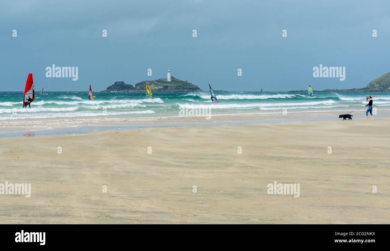 Windsurfing action at Godrevy, Cornwall, UK. Taken on 20th August 2020 ...