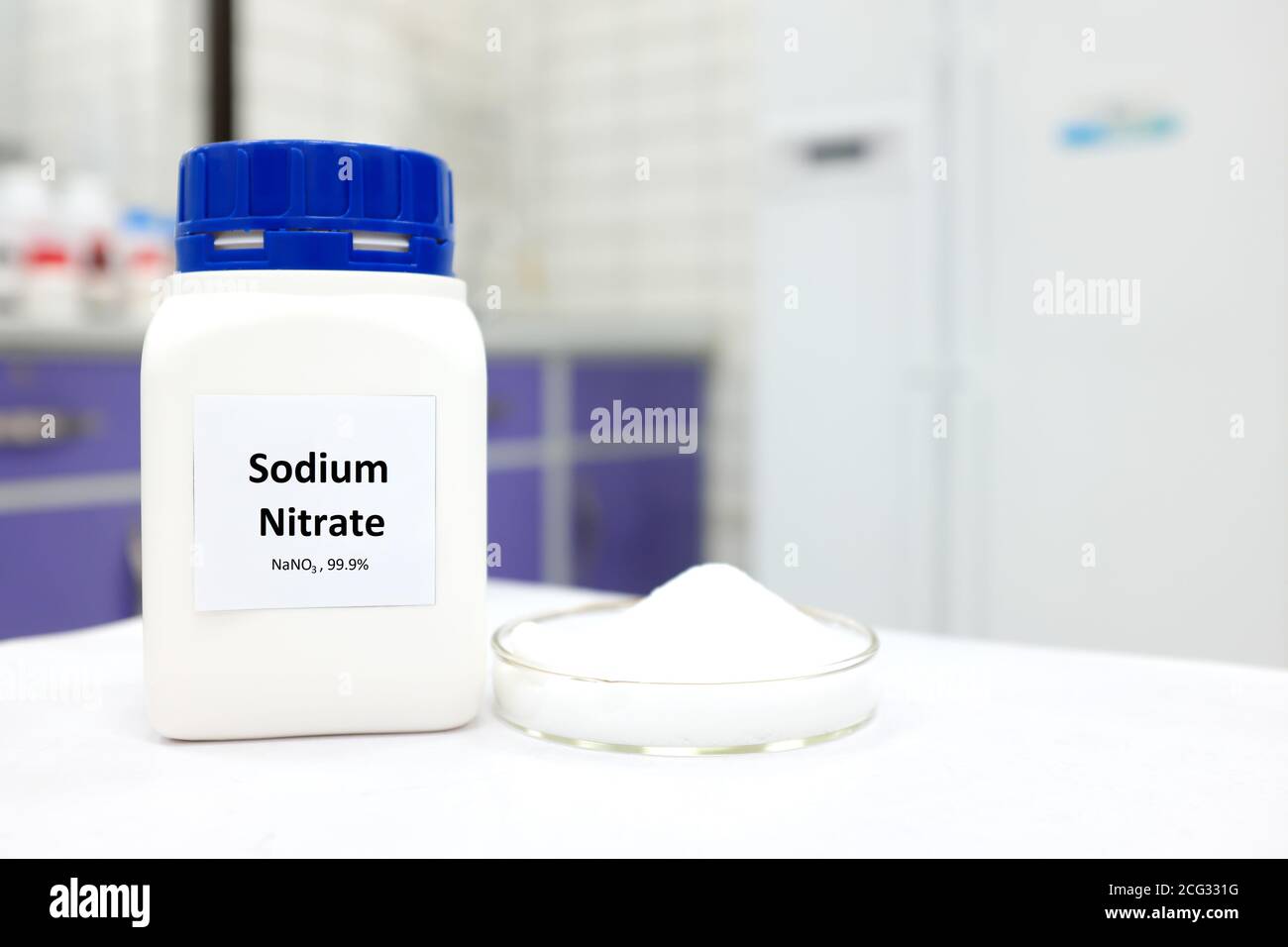 Selective focus of a bottle of sodium nitrate preservative compound ...