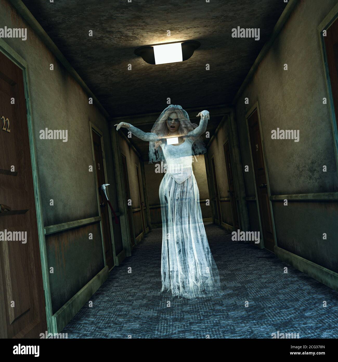 A creepy and spooky hotel corridor haunted by a female ghost in bride dress, 3d render. Concept ...