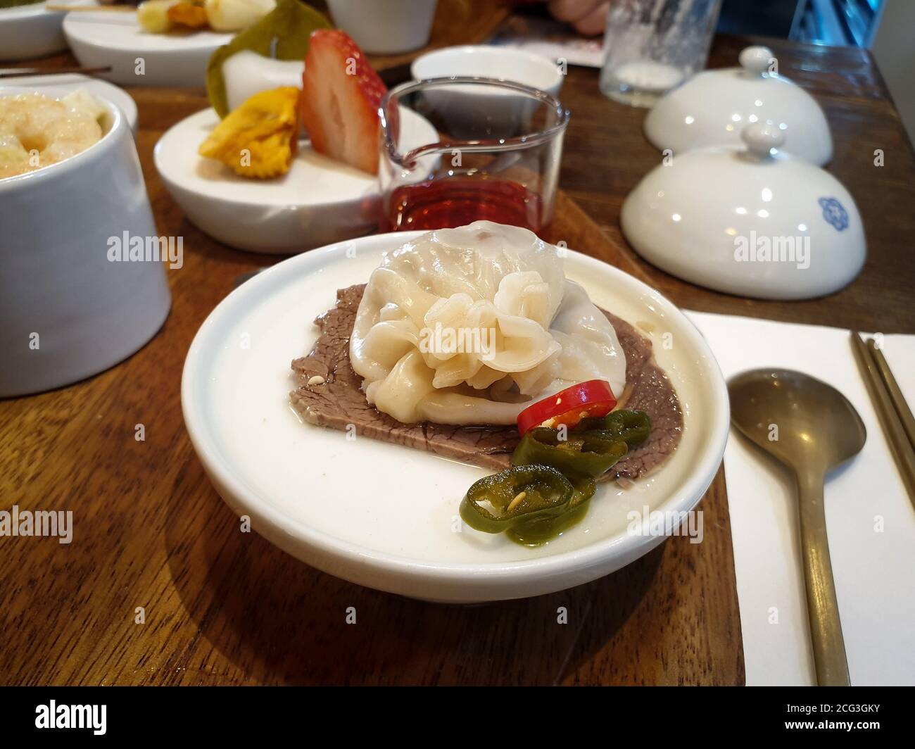 Steamed mandu, a dumpling in Korean cuisine. Consists of minced meat ...