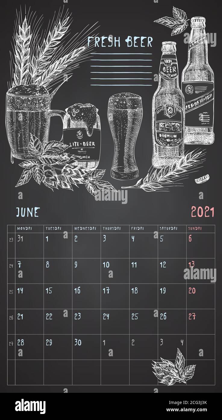 2021 Page of wall vintage calendar planner. June month. Week starts on ...